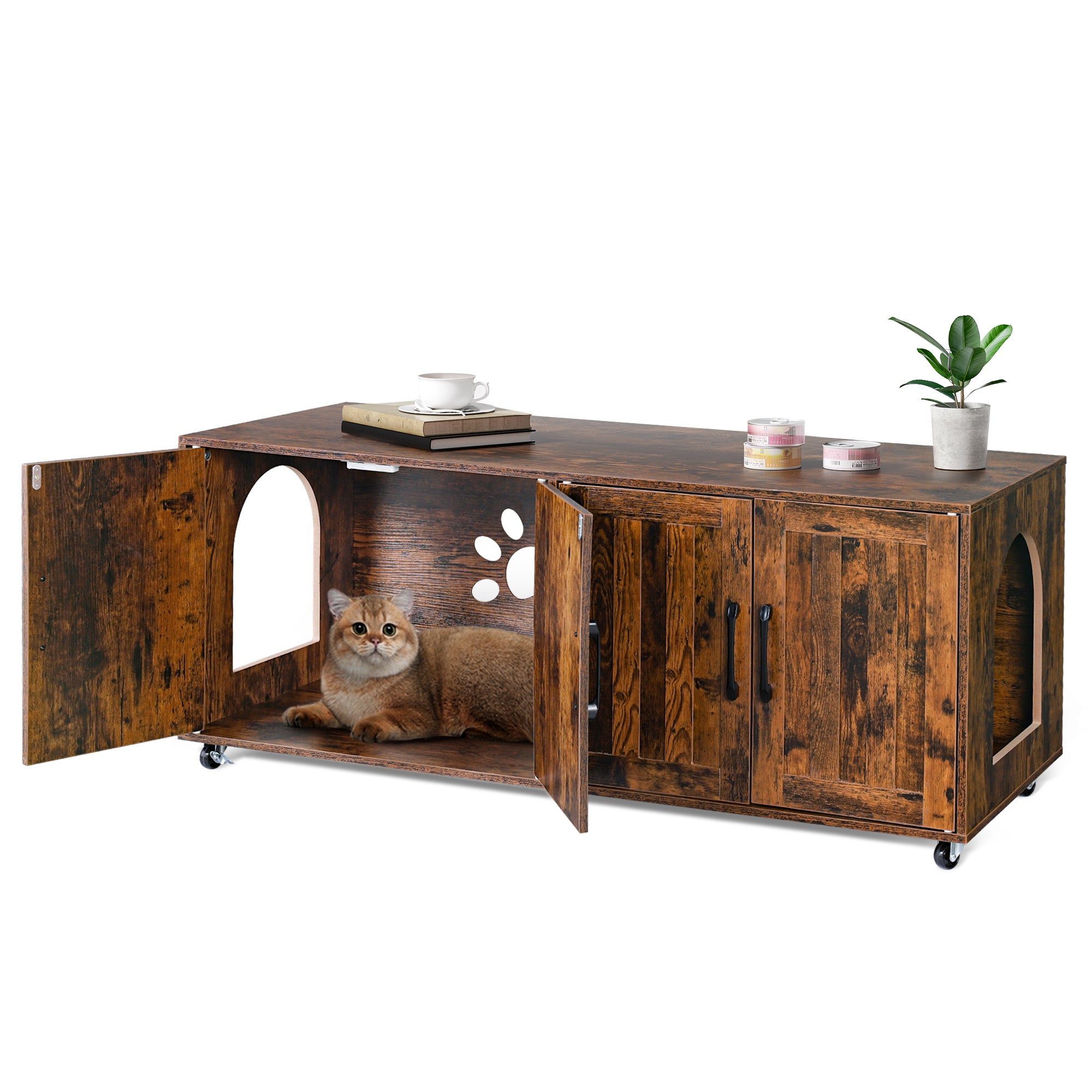 All-in-One Cat Litter Box Enclosure with Double Rooms – Modern Large ...