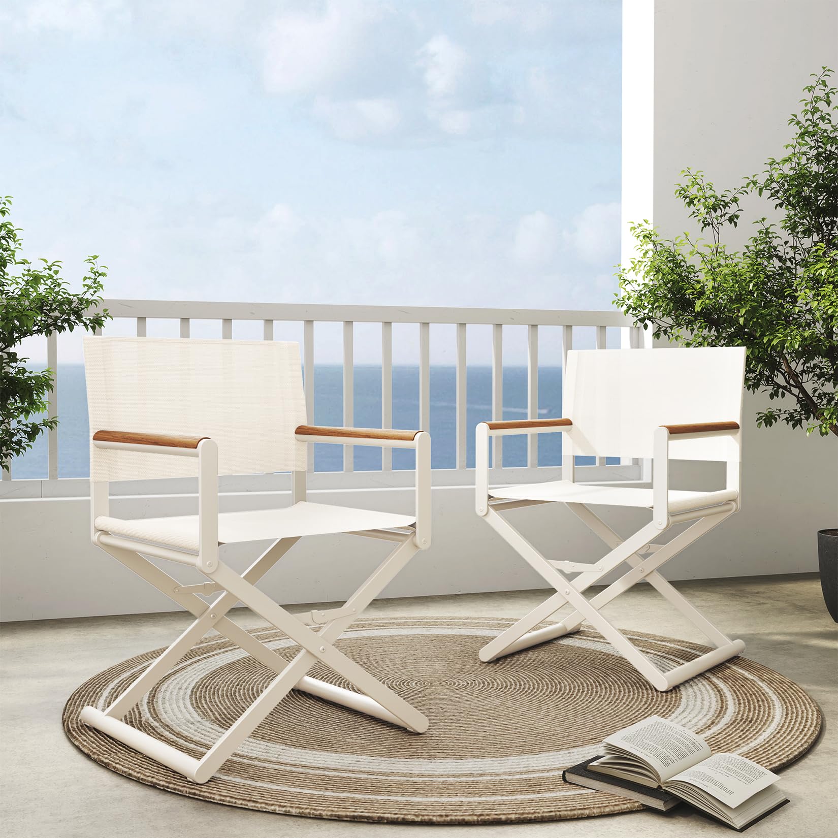 Extra-Wide Folding Dining Chair Set with Sling and Woodgrain Armrests ...